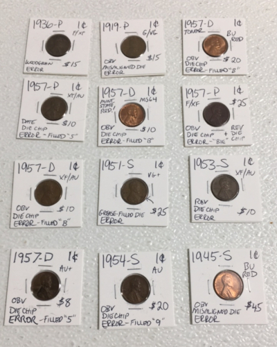 (12) 1919-1957 Various Mint Mark Wheat Pennies Including 1945-S ...
