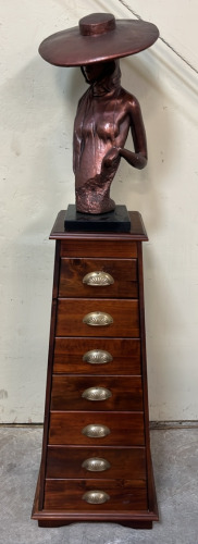 PIER 1 7 DRAWER PYRAMID CHEST AND BRONZE LADY STATUE; PLEASE INSPECT