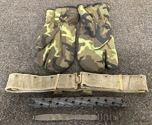 CAMO SHOOTERS MITTENS, BRITISH COMBAT UTILITY BELT AND WWII GERMAN MG ...