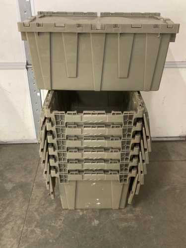 (7) PLASTIC STORAGE TOTES WITH FOLD-OVER INTERLOCKING LIDS