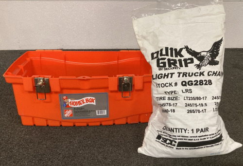 HOMER BOX 19 IN. TOOL BOX WITH NEW QUICK GRIP LIGHT TRUCK CHAINS TYPE LRS
