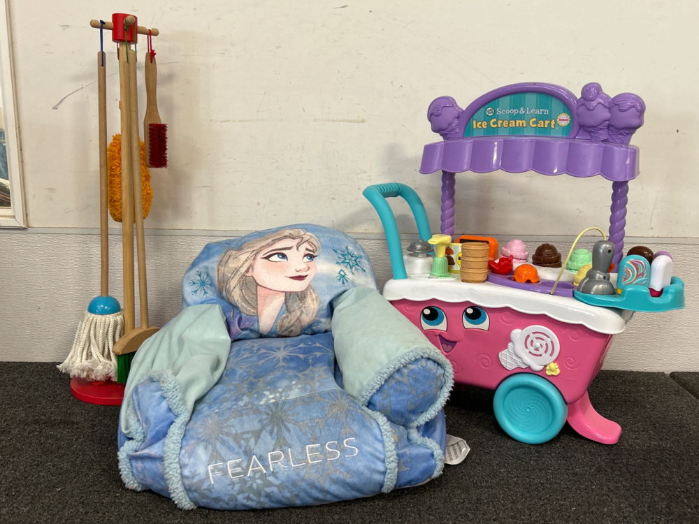 LEAP FROG ICE CREAM CART, ELSA BEAN BAG CHAIR AND KIDS CLEANING SUPPLIES