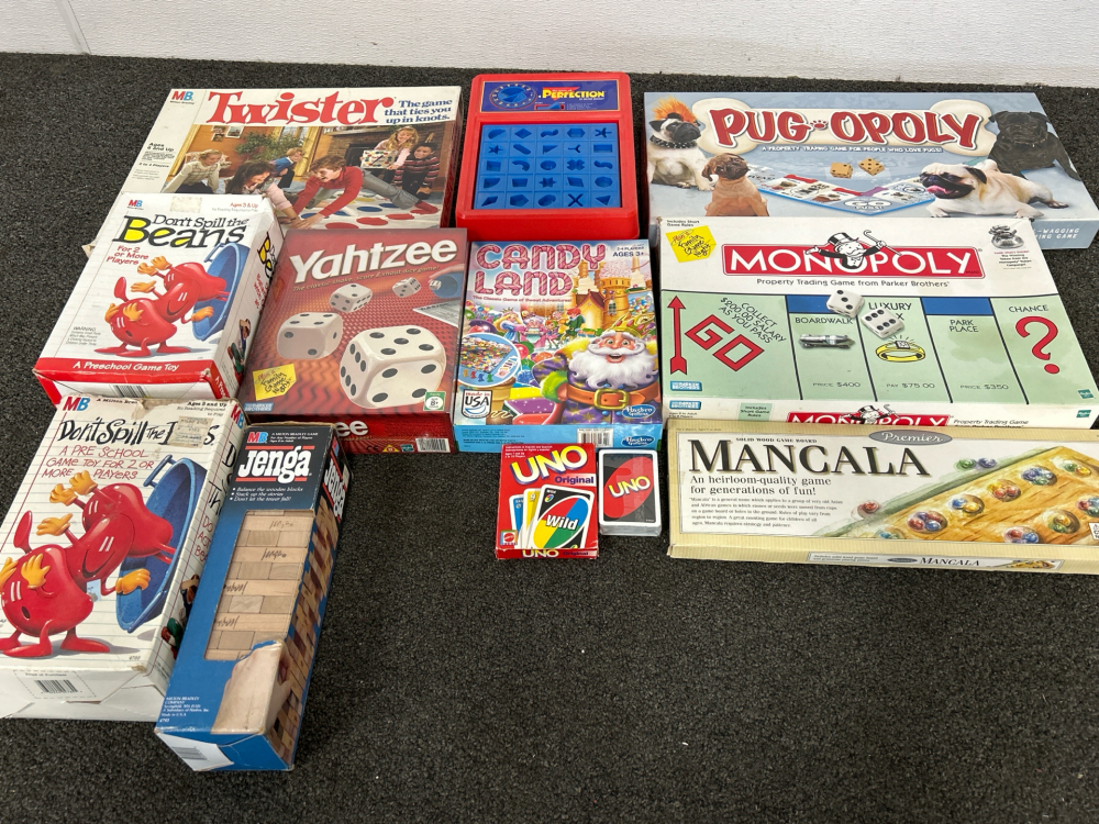 VINTAGE TWISTER GAME, MONOPOLY, PUG-OPOLY, CANDY LAND, JENGA,YATZEE ...