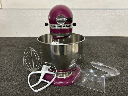 PURPLE KITCHEN-AID MIXER WITH ATTACHMENTS- POWERS ON