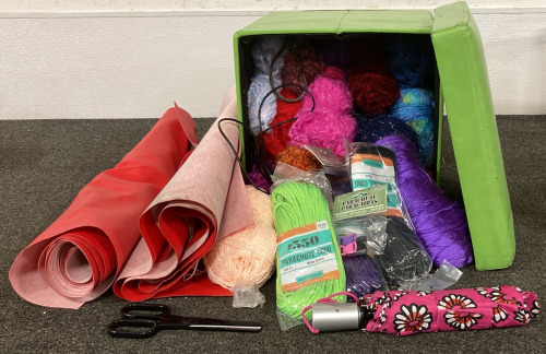 RED LEATHER MATERIAL, ASSORTED YARN, STORAGE BIN AND MORE