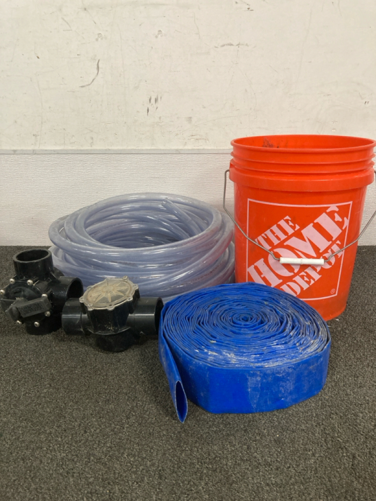 CLEAR PVC TUBING, IRRIGATION HOSE, JANDY VALVE, BUCKET WITH CHAINS