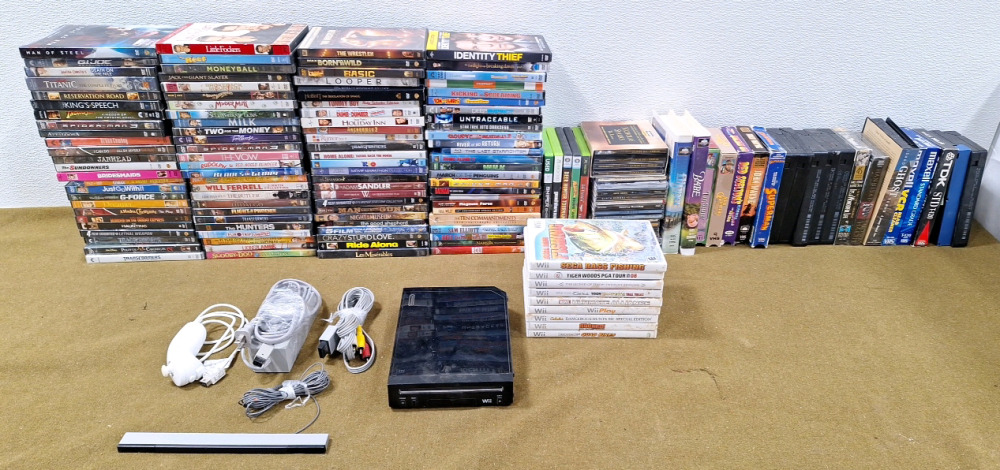 (1) Nintendo Wii W/ AC Adapter, cables, (9) Games & Assorted DVDs & VHS ...
