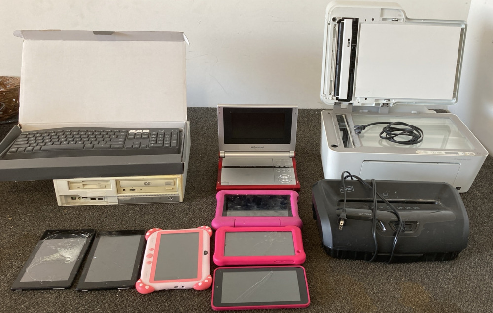 Hp Printer, Staples Paper Shredder A Computer Tower 6 Tablets And A ...