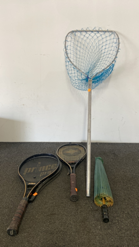 (2) Tennis Rackets, Fishing Net, Parasol