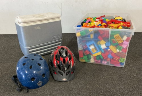 Igloo MaxCold Cooler, (2) Helmets, Tote Of Legos