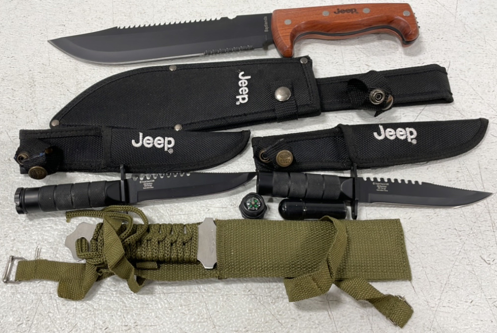 Jeep Badlands Fixed Blade Knife, & (3) Survival Knives