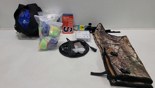 New rattlesnake chaps, used boat transducer w mount, bags of fishing ...