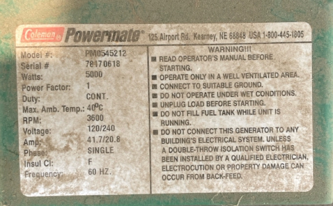 Coleman Powermate 5000 Electric Generator