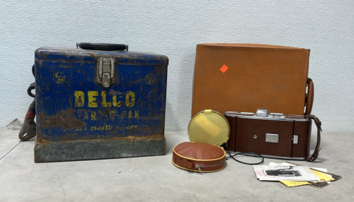 (1) Antique Polaroid Camera w/Case & Paper Work (1) Old Battery Delco ...