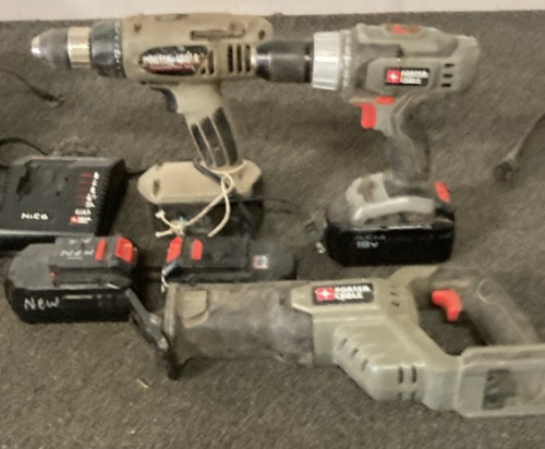 SET OF THREE PORTER CABLE POWER TOOLS WITH EXTRA BATTERY,