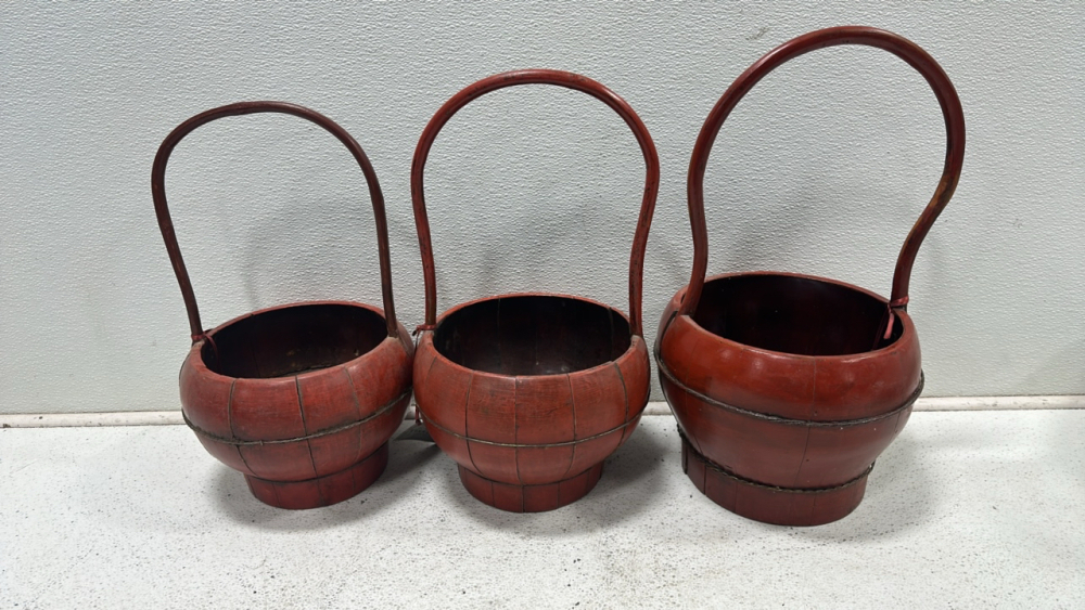 (3) Assortment of Various Sized Red Wooden Rice Buckets