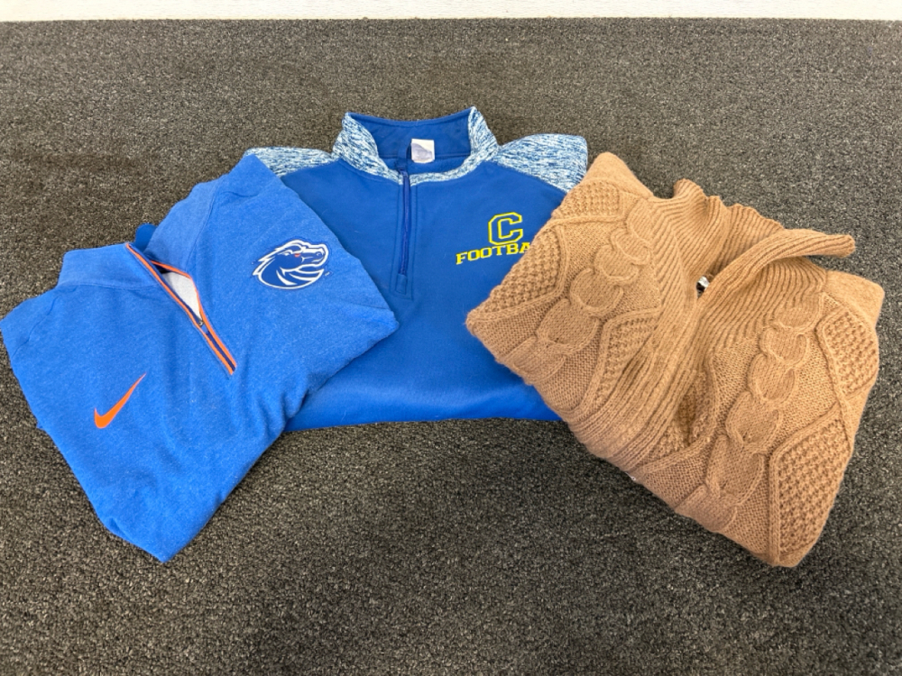 Boise State Long Sleeve Shirt, Blue Football Sweater and Brown Seeater