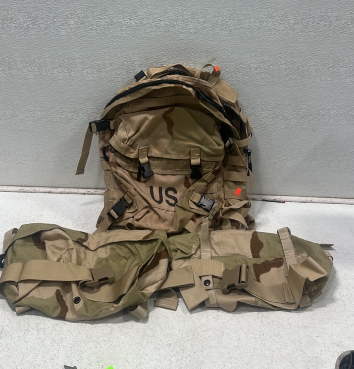 (1) US Army Desert Camo Rucksack, (2) US Army Desert Camo Butt-Packs