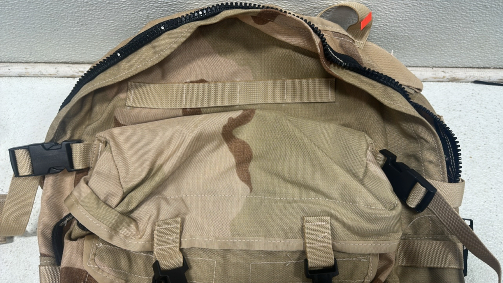 (1) US Army Desert Camo Rucksack, (2) US Army Desert Camo Butt-Packs