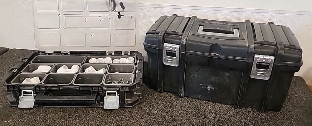 Husky Tool Box and Husky Parts Divider With 3/4 PVC Pipe Parts.