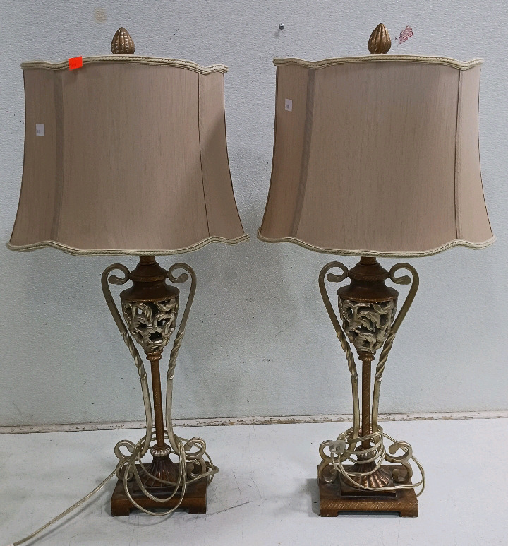(2) Decorative Table Lamps - Matching Scroll Base w/ Fabric Shades ...