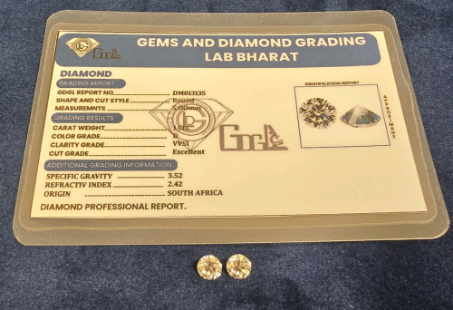 (2) 1ct Natural Diamonds, Round Cut, With Gurgaon Gem Lab Certification