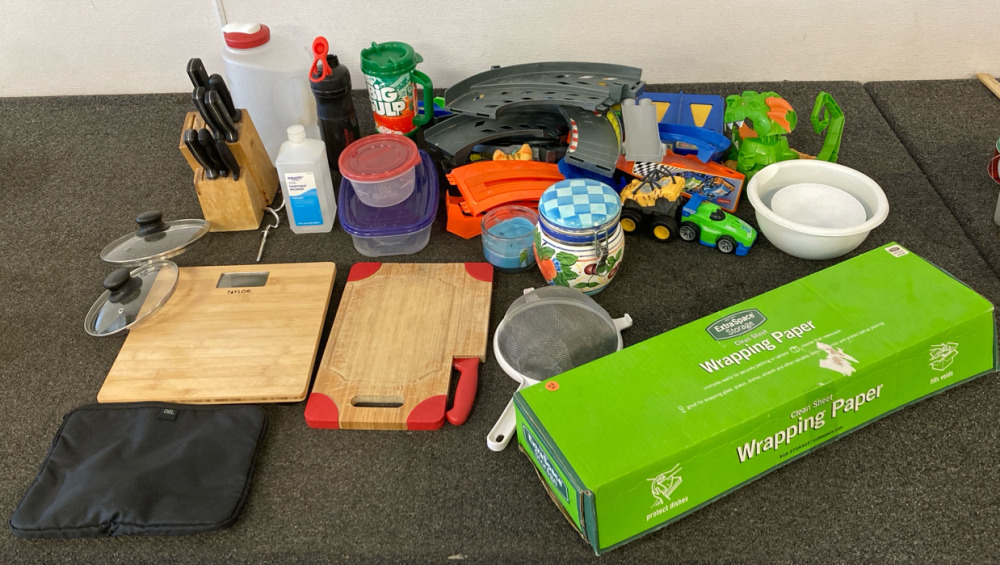 Kitchen Knives, Cutting Board, Wrapping paper, Tupper Ware And Kids Toys