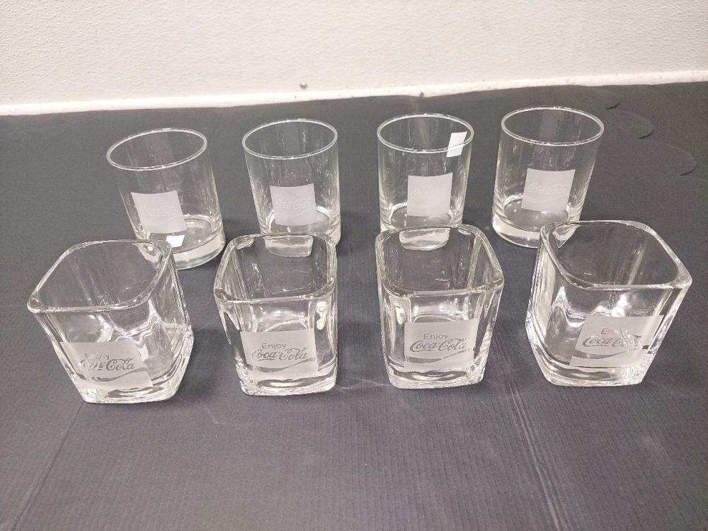 (8) Coca-Cola Etched Glass Rounded & Thick Square Glass Set