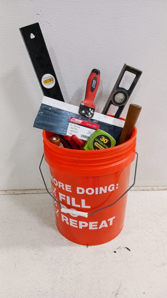 (14) Contractor's Tool Bucket - (1) Orange Bucket (1) Milwaukee Taping ...