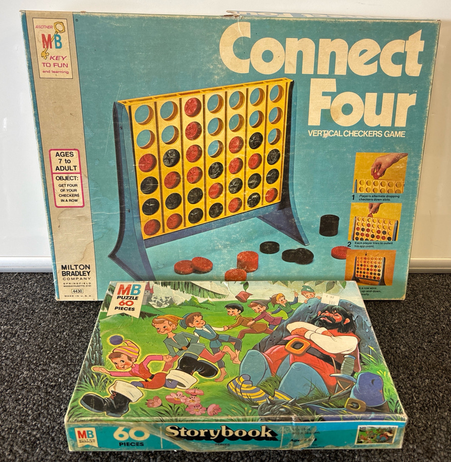 Antique Connect Four Vertical Checkers Game And MB Storybook 60 Piece ...