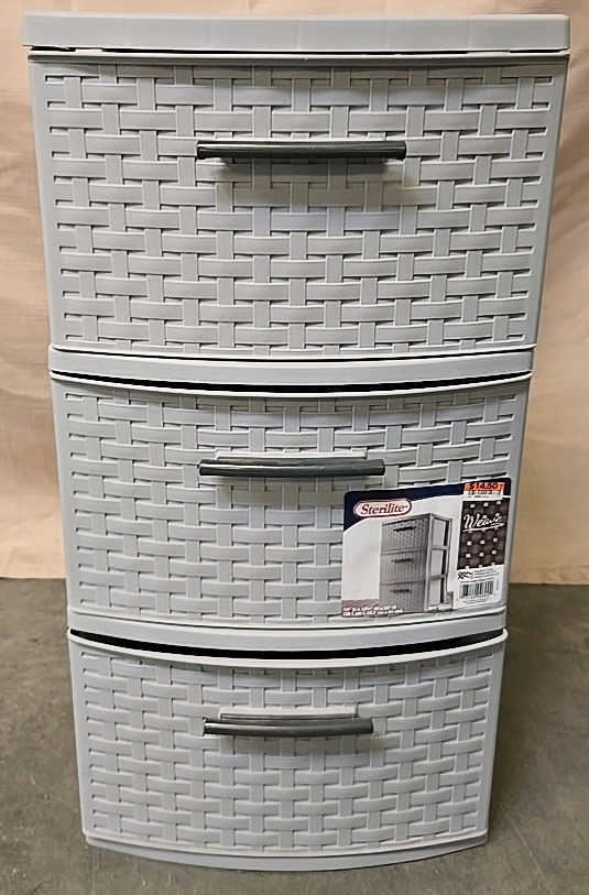 (2) White 3-Drawer Plastic Storage, (1) Grey 3-Drawer Plastic Storage