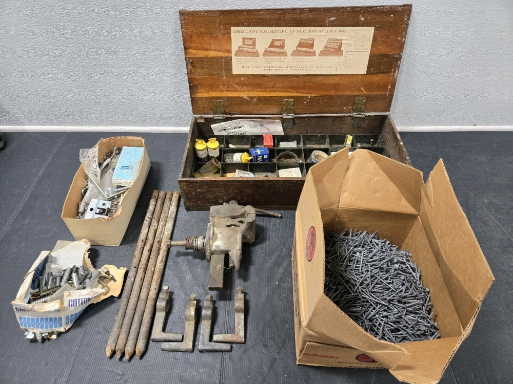 Assorted Construction Items: Concrete Stakes, Table Vice, Assorted ...