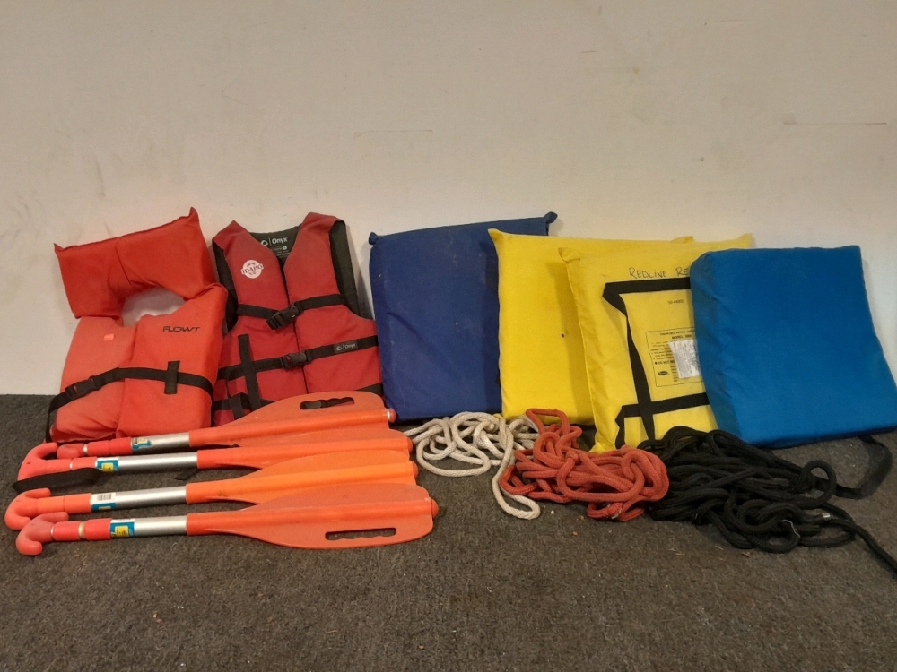 (2) Life Vests, (4) Throwing Devices, Ropes & (4) Paddles