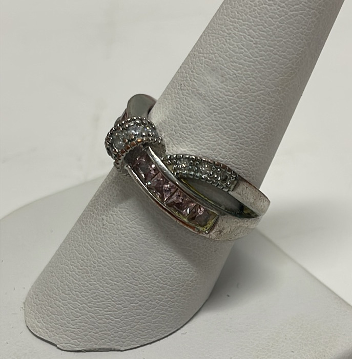 Sterling Silver Ring with Diamond and Pink Gemstones, Intertwined Design