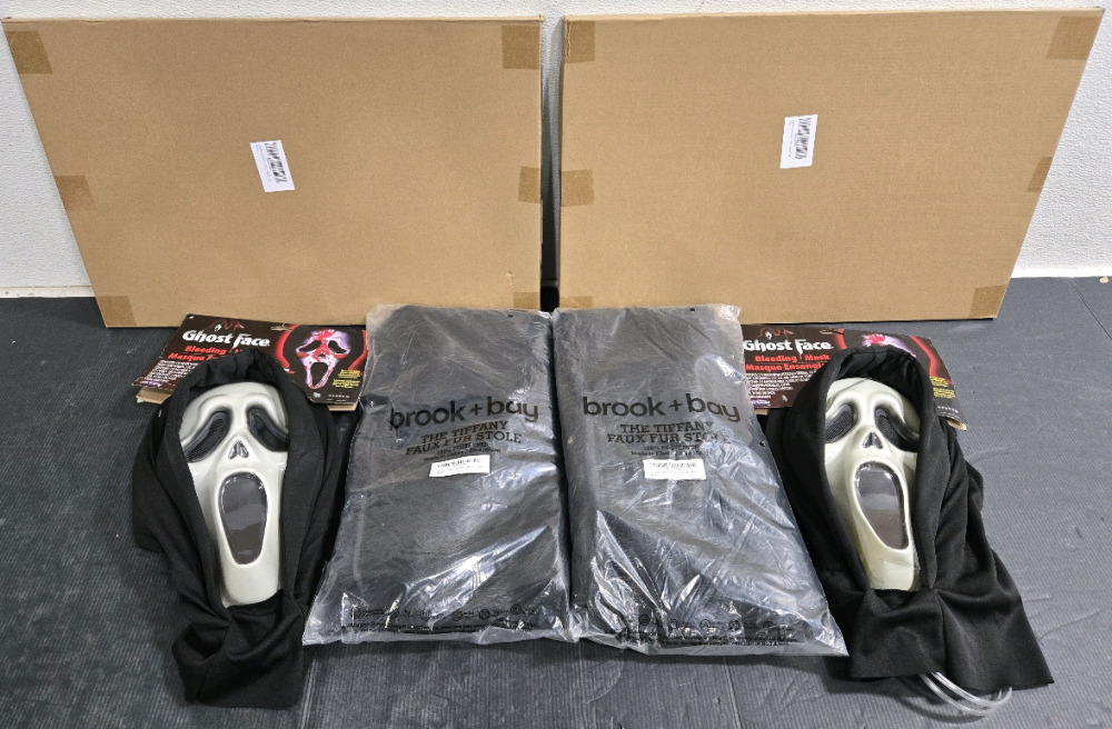 (2) Canvas Wall Art, (2) Faux Fur Shawl, (2) Ghost Face Horror Masks