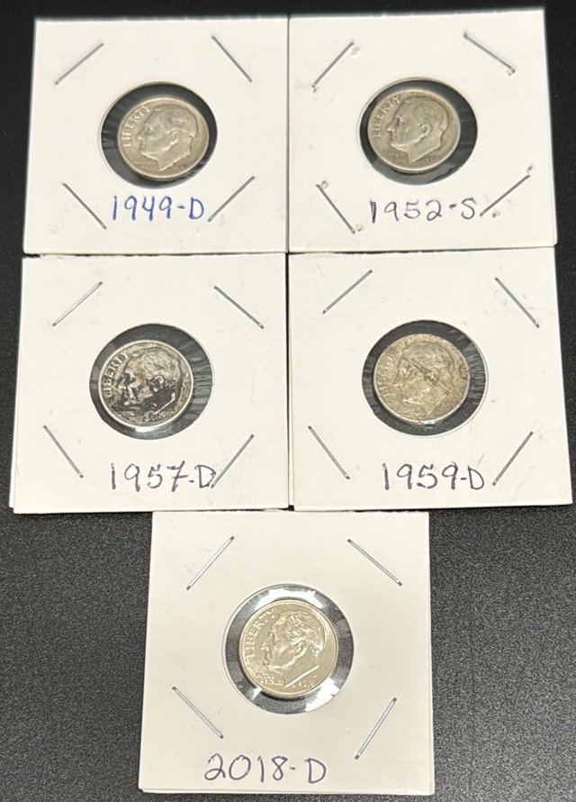 Roosevelt Dime Set, 1949-D, 1952-S, 1957-D, 1959-D, 2018-D