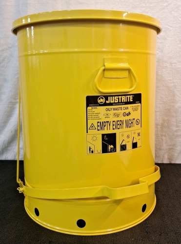 (1) Justrite 09701 Oily Waste Can, Self-Closing, 21 Gallon, Yellow