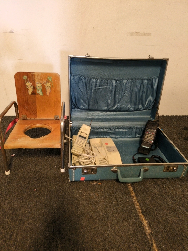 Vintage Suitcase and Vintage baby Potty and Vintage Phones