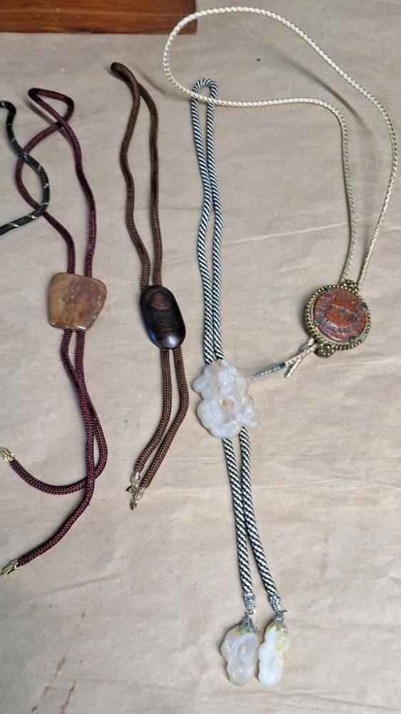 (9) Assorted Bolo Ties & (1) Wooden Keepsakes Box