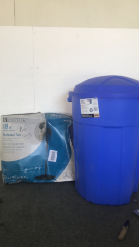 (1) Utilitech 18” Pedestal Fan (1) Blue Hawk 32 Gallon Trash Can With Lid