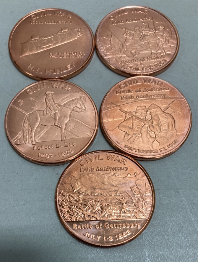 (5) A.V.D.P. One Ounce Copper Coins… Military Civil War