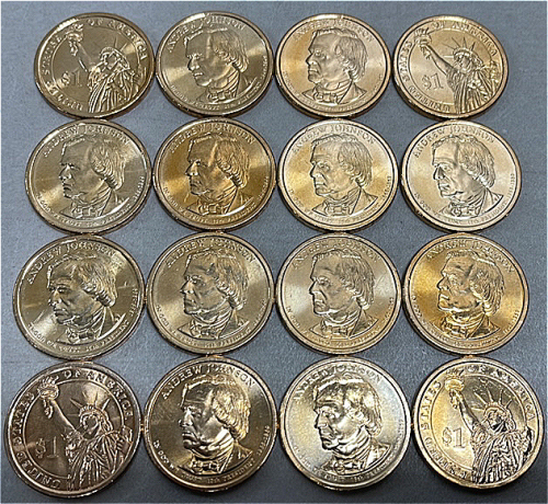 (16) Andrew Johnson $1 Gold Toned Coins W/ Edge Lettering