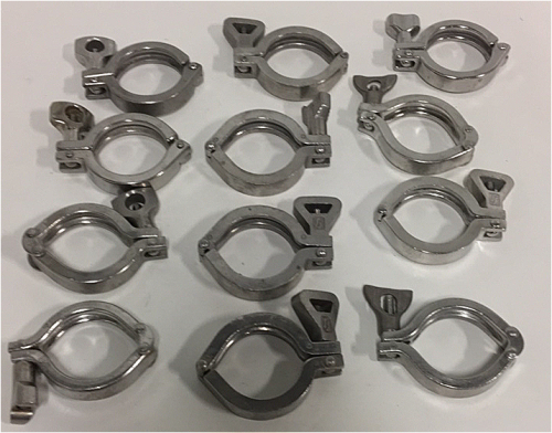 (12) Sanitary Stainless Steel 2” Double Hinge Single Pin Mounting clamps