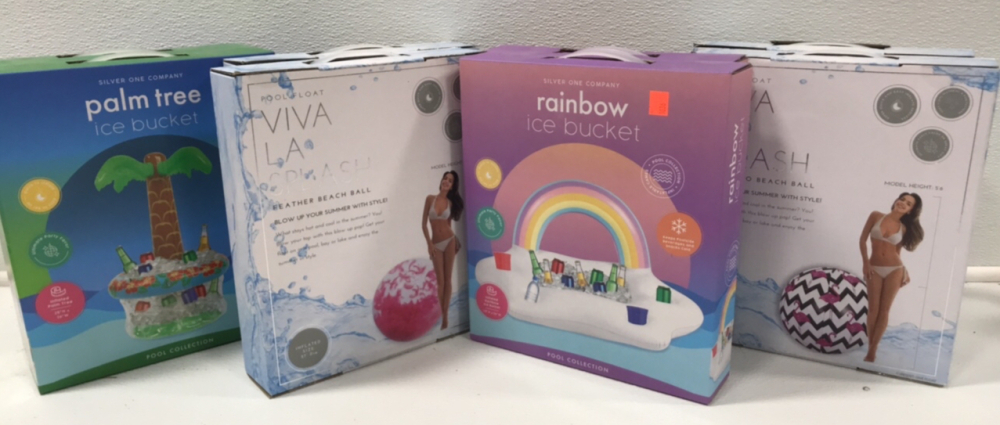 (2) Palm Tree Ice Bucket (2) Feather Beach Ball (2) Rainbow Ice Bucket ...
